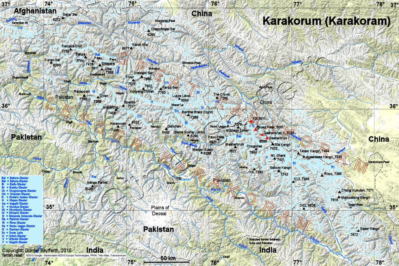 Karakoram Gebergte Kaart Laminated Hiking Map Karakoram, K2,